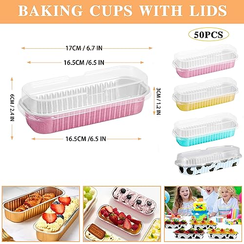 Qusitlry Aluminum Foil Loaf Baking Pans with Lids (50Pcs Pink), 200ml Ramekin Rectangle Baking Tins Muffin Liners Mini Pie Pans Foil Bread Containers for Bakingā¦