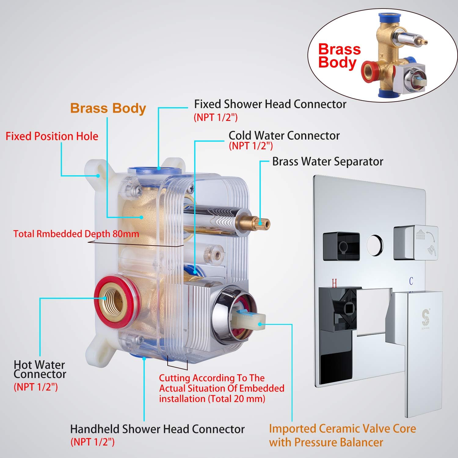 SR SUN RISE SRSH-C1003 Ceiling Mount Bathroom Luxury Rain Mixer Shower Combo Set Rainfall Shower Head System 10 Inch Polished Chrome (Contain Shower Faucet Rough-In Valve Body and Trim)
