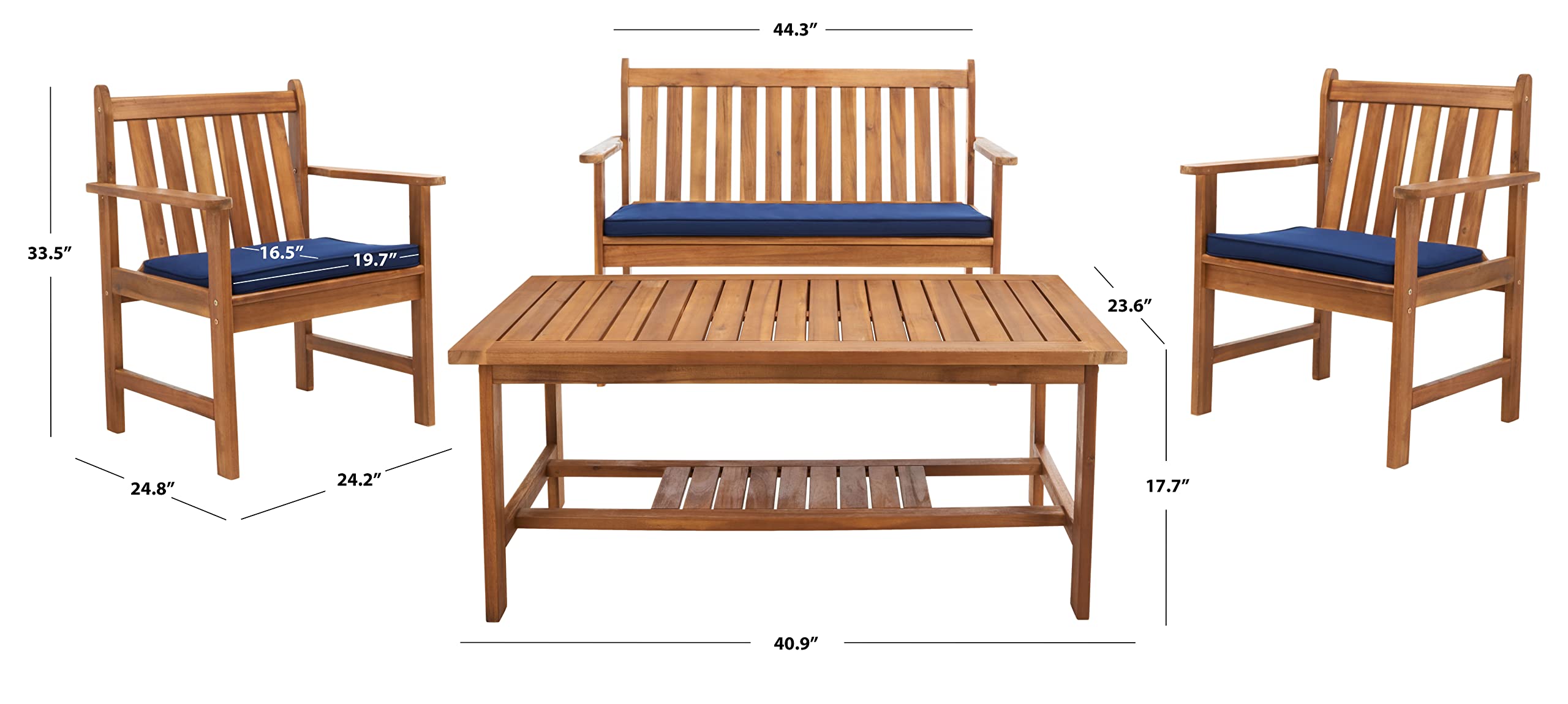 SAFAVIEH Outdoor Collection Burbank Teak and Navy 4 Pc Outdoor Set