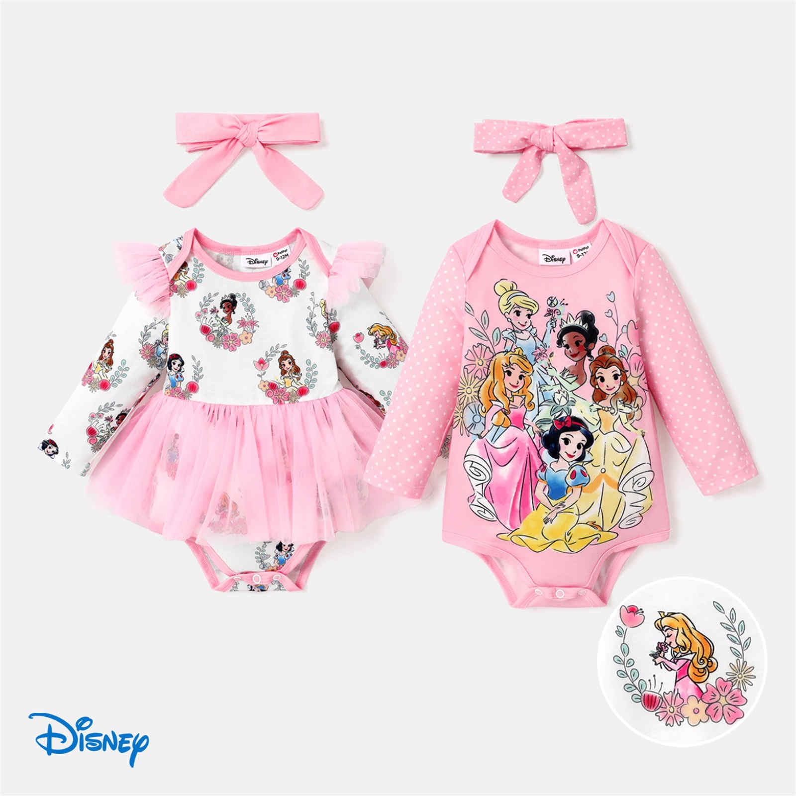 Disney Princess Baby Girl Bodysuit Cotton Long Sleeves Romper with Headband Set, PinkyWhite-2, 6-9 Months