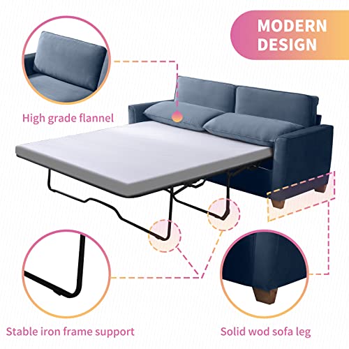 Mixoy Full Size Pull Out Sofa Bed, Velvet Sofa with Pull Out Bed, Sleeper Sofa with Foam Mattress, 2-in-1 Sleeper Couch Bed for Living Room, Apartment, Small Spaces (Blue)