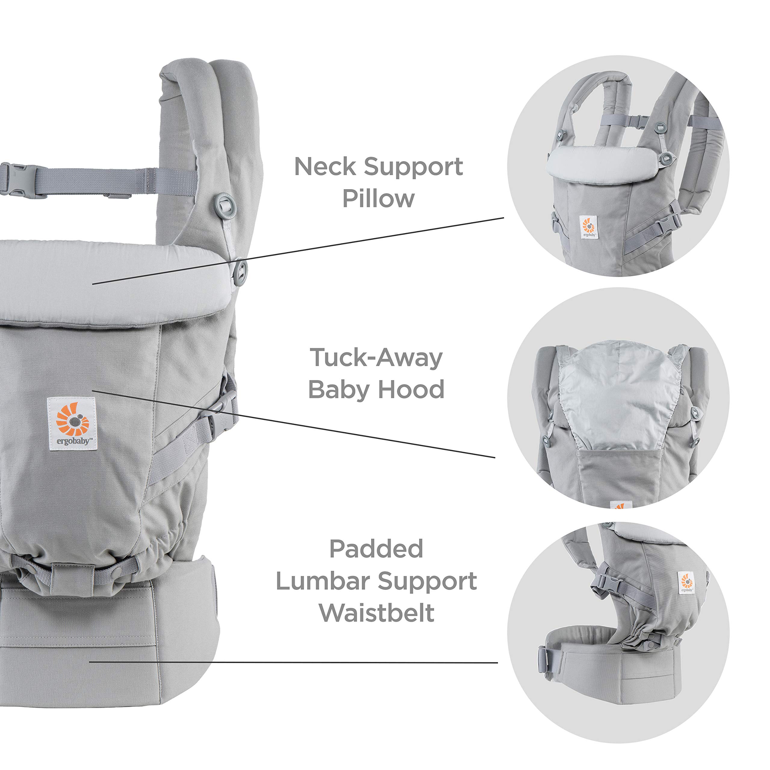 Ergobaby Adapt Ergonomic Multi-Position Baby Carrier with Cool Air Mesh (7-45 Pounds), Pearl Grey, 1 Count (Pack of 1)