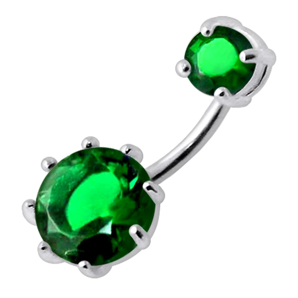 Emerald Green Claw Set 6MM and 10MM Round CZ Stone 925 Sterling Silver Double Side Belly Button Ring Jewelry