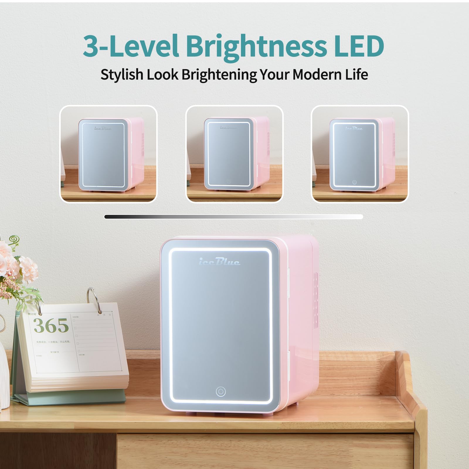 Iceblue Skincare Fridge with Dimmable LED Light Mirror, 4L Compact Makeup Fridge for Bedroom, Car, Office & Dorm, 4A Cooling Core, Pink Mini Fridge for Beauty Essentials & Beverages(Pink)