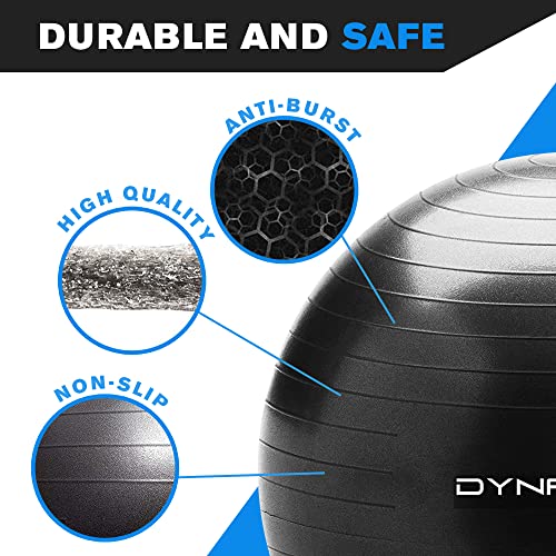 DYNAPRO - Exercise Ball, Extra Thick Anti-Burst Material, Heavy Duty Yoga Ball for Workout, Pregnancy and Physical Therapy, Hand Pump and Exercise Resource Included, Black