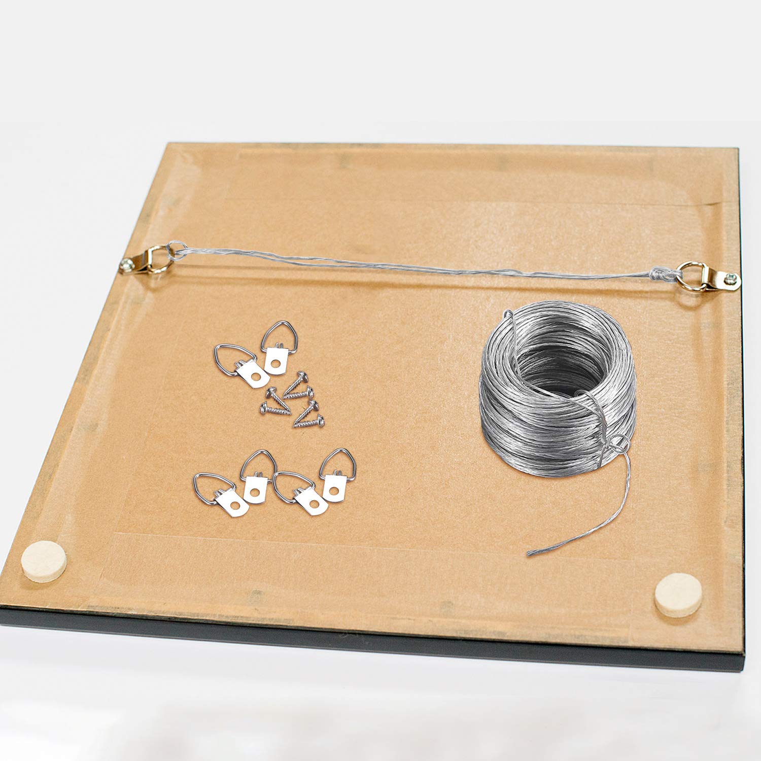 EAONE Picture Hanging Kit, Including Picture Hanging Wire (100 Feet) and 70 Pieces D-Ring Picture Hangers with 70 Silver Padded Screws