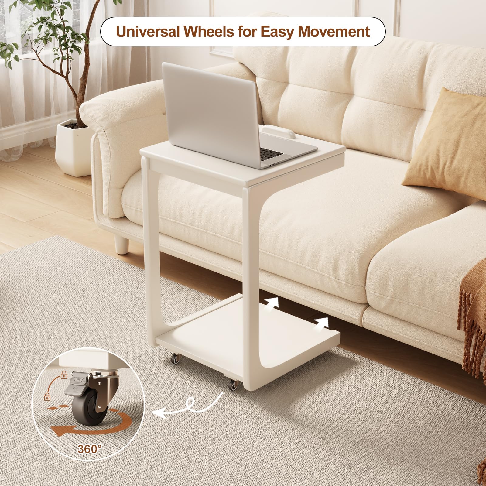 KASLANDI C Shaped End Table for Couch, C Table with Wheels, Wooden Couch Table Adjustable Desktop for Living Room,Bedroom(White)