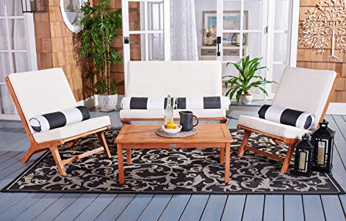 SAFAVIEH Outdoor Collection Chaston Natural and Beige 4-Piece Set with Black & White Pillows