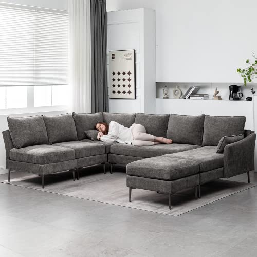 MELLCOM Modern U Shaped 6-seat Sectional Sofa Couch, Convertible Chenille Modular Sofa, Reversible Sleeper Couch with Chaise Lounge and Ottoman for Living Room, Grey