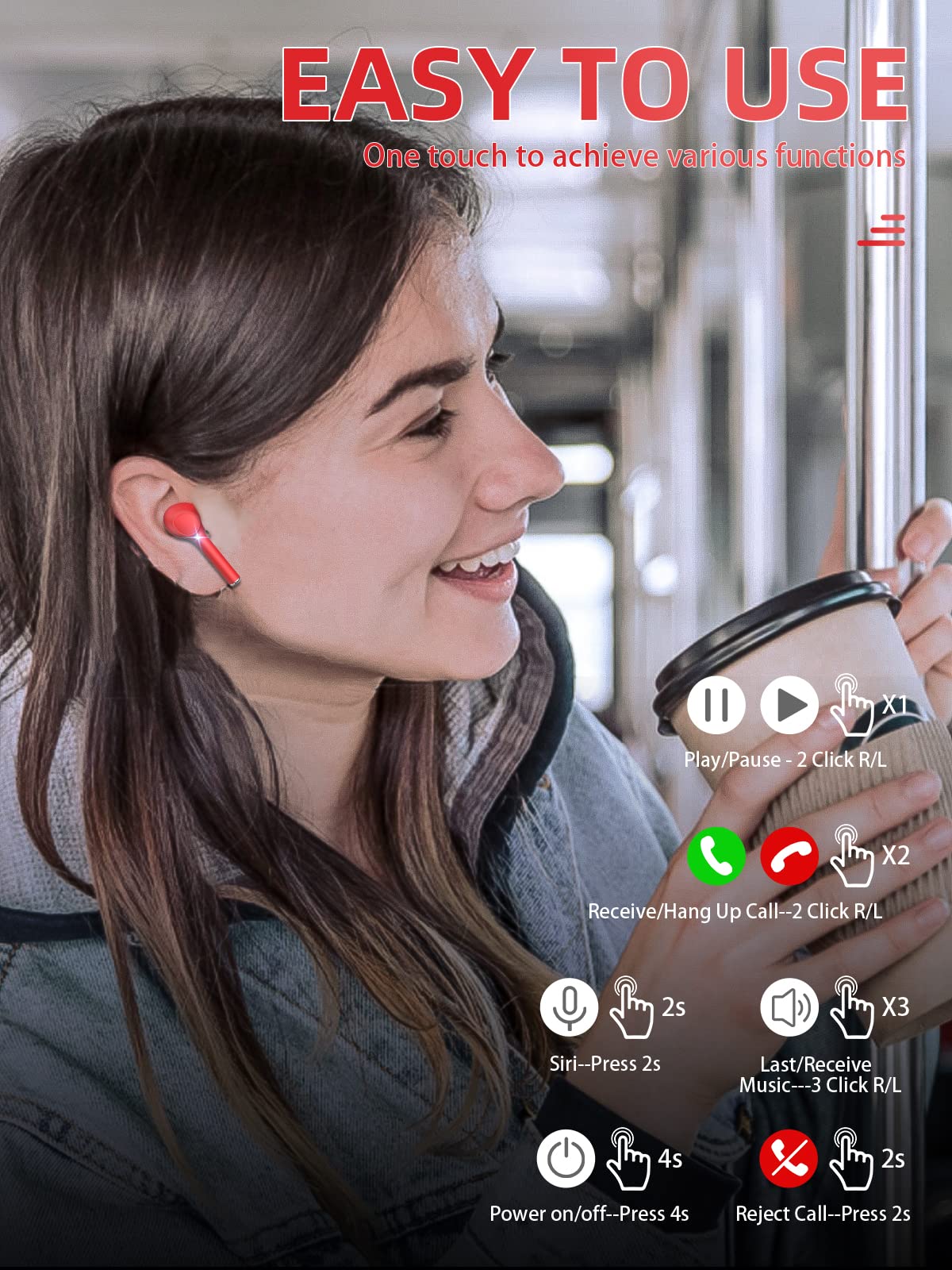 Earbuds Wireless Bluetooth,Noise Cancelling ENC Clear Call Ear Buds with 4 Mic,Bluetooth Headphones 4 Dynamic Drivers,Waterproof Wireless Earbuds,Touch Control Earphones for iPhone Android (Red)