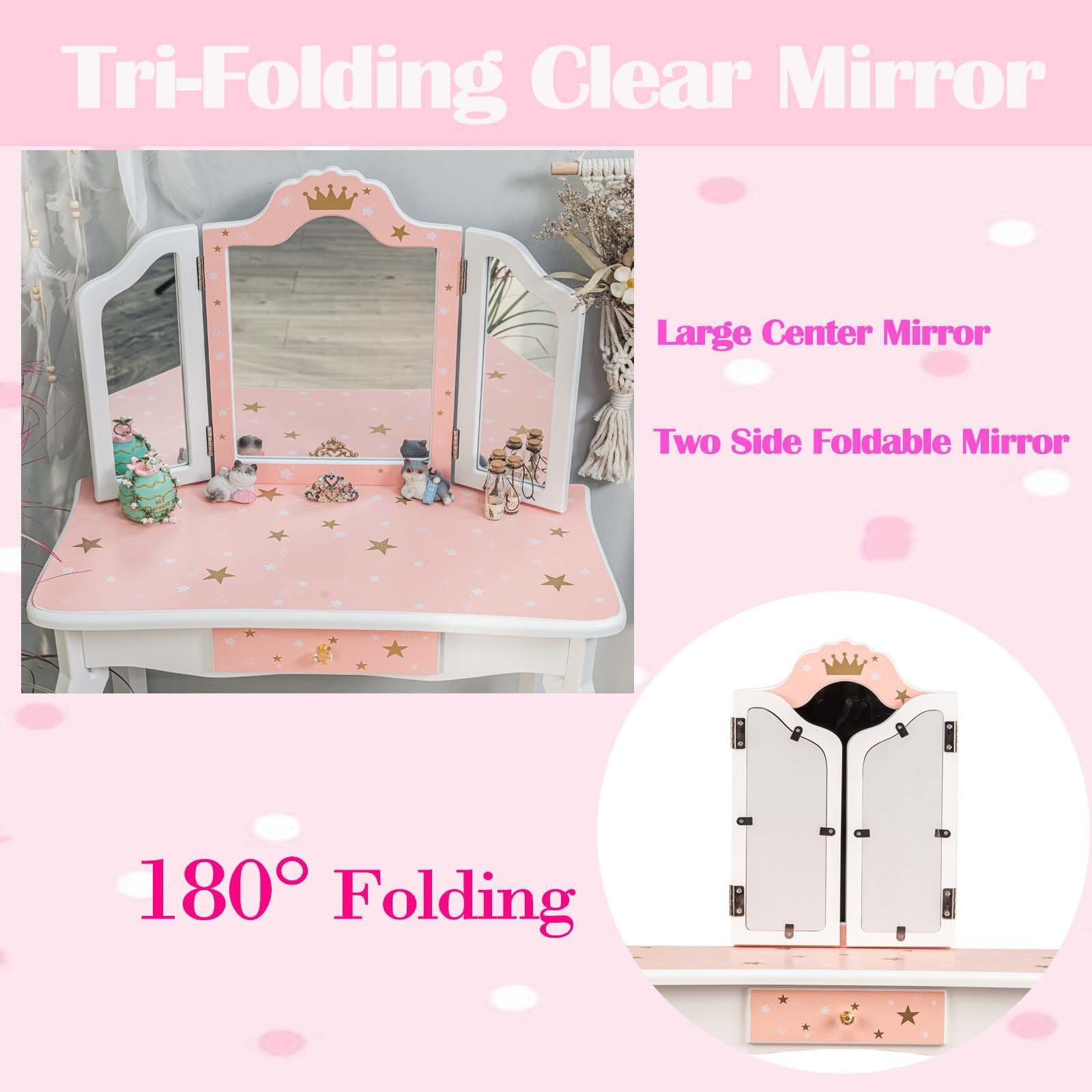 Hobbyfield 2-in-1 Princess Vanity Set,Princess Makeup Table with Mirror, Stool, Tri-Folding Mirror & Drawer,Pretend Play Dressing Table for Toddler Girls(Star Pink)