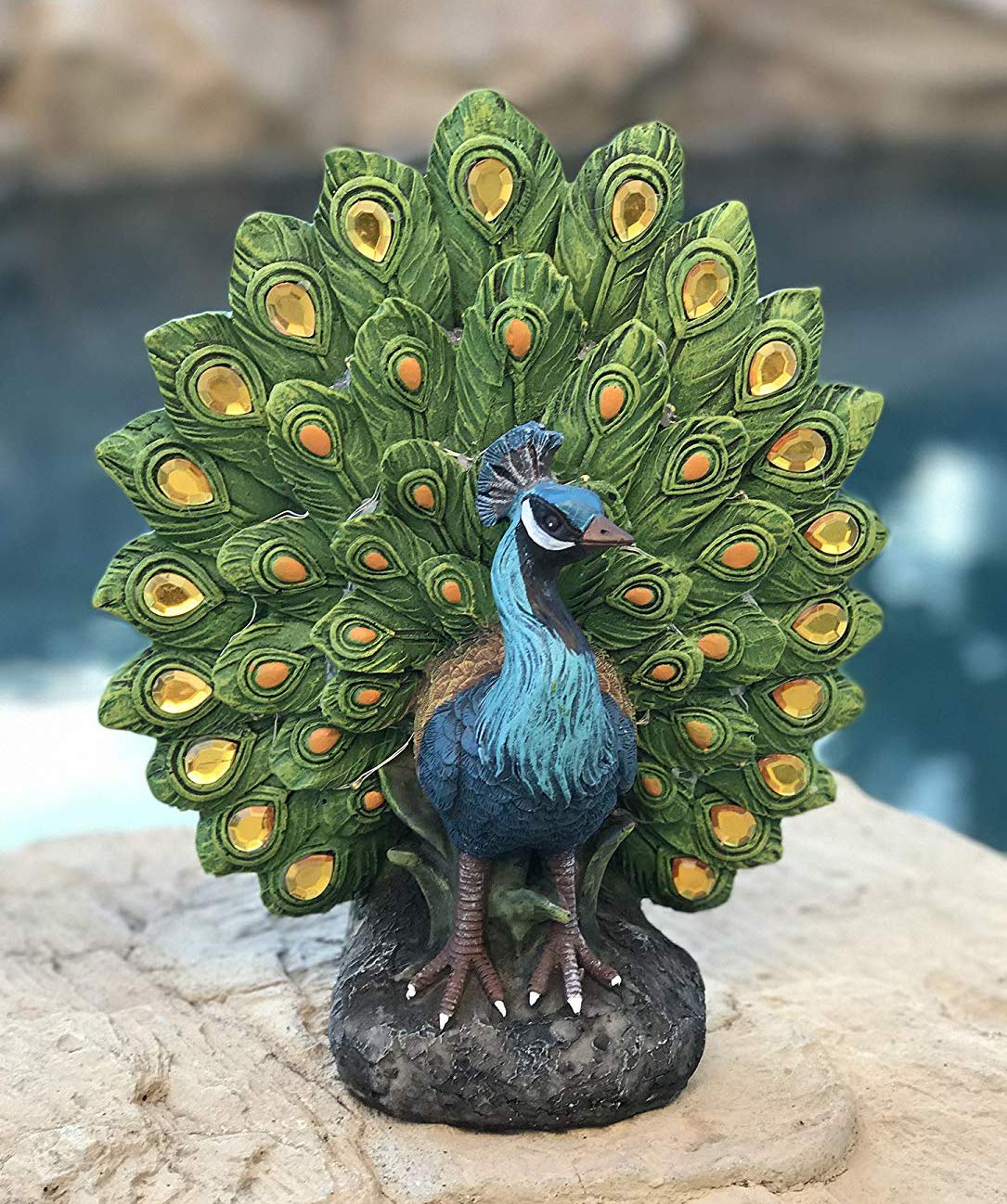Ebros Decorative Iridescent Peacock With Beautiful Gold Gemstone Open Train Feathers Solar LED Night Light Statue 11.25" High Path Lighter Indoor Outdoor Shelf Tabletop Home Decor Wild Birds of Flight