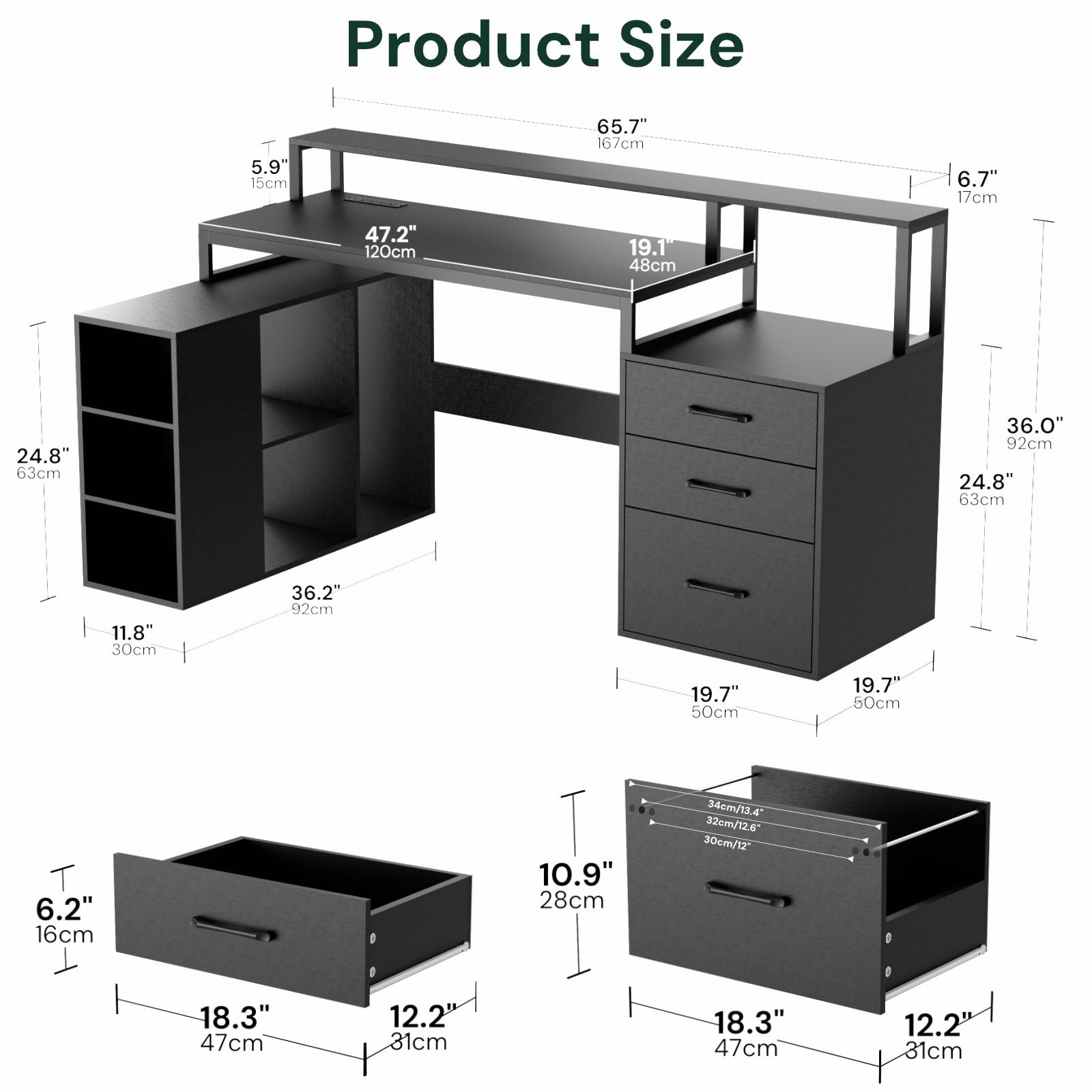 SunsGrove L Shaped Computer Desk with 3 Drawers, 65.7" Large Desk with Power Outlet and LED Lights, Corner Computer Desk with Monitor and CPU Stand, Home Office Desks with File Drawer (Black)