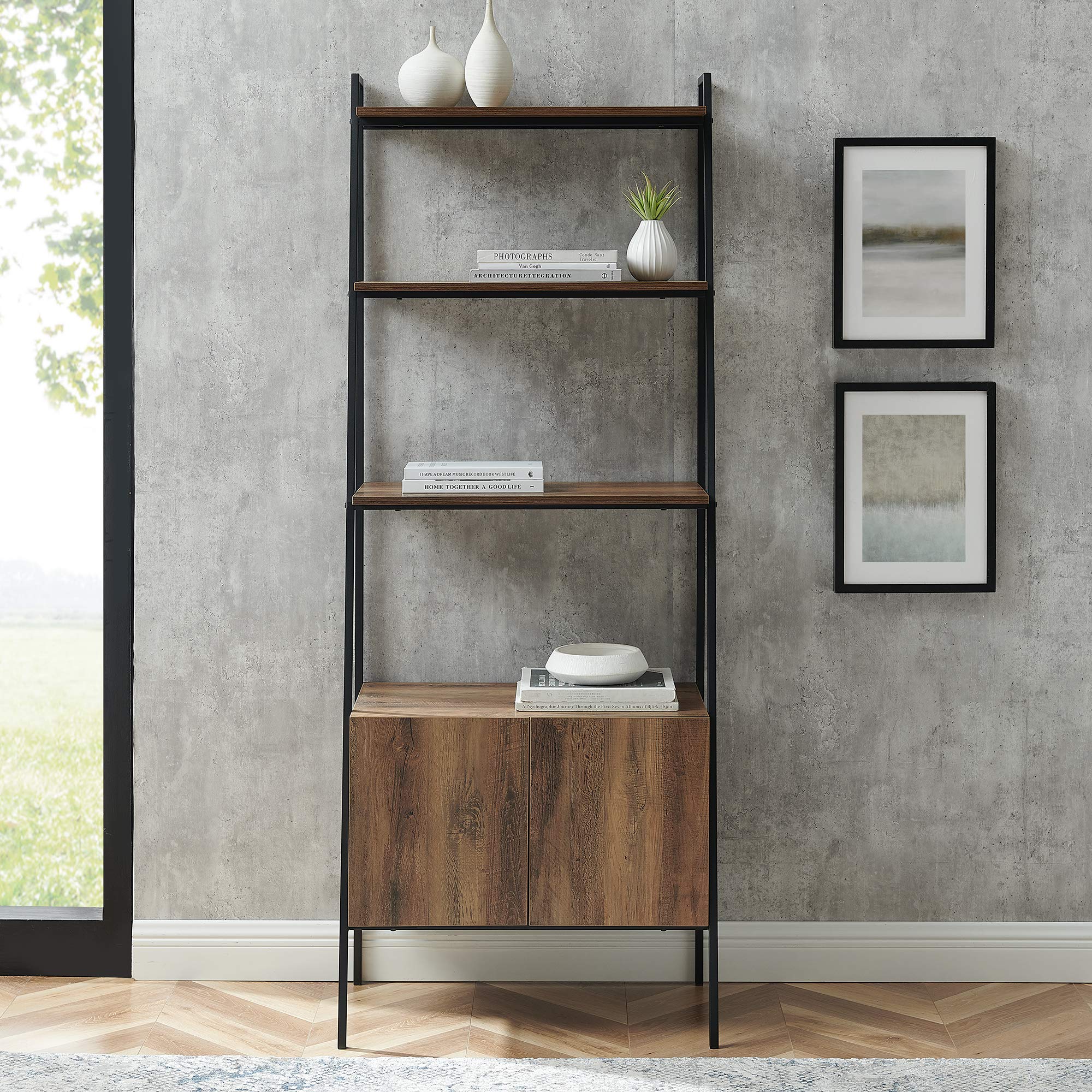 Walker Edison Furniture Company Industrial Modern Ladder Bookcase w/Cabinet, 72 Inch, Reclaimed Barnwood