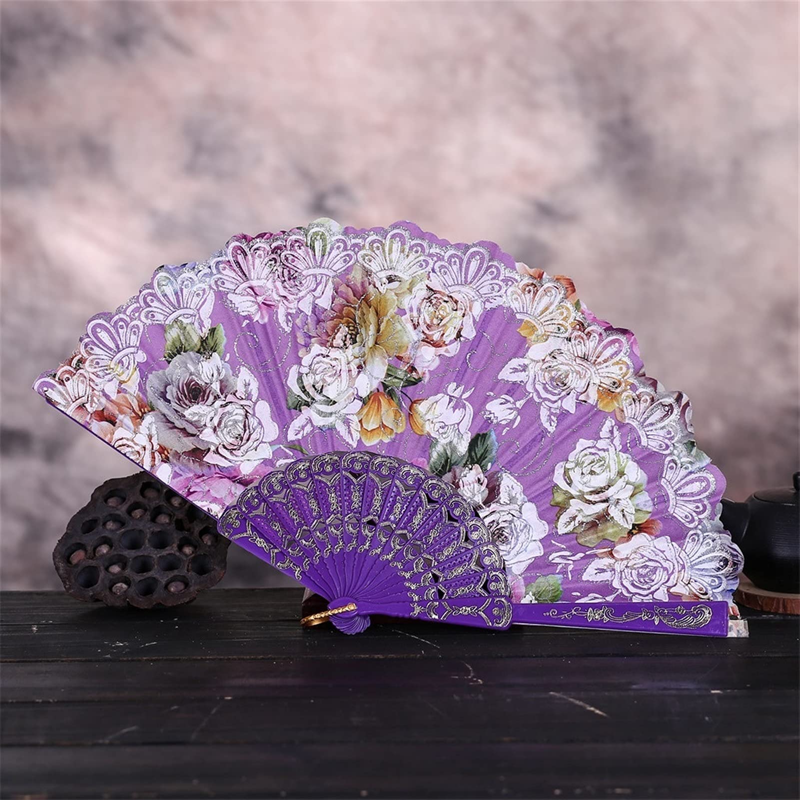 DUO ER Chinese Style Hand Held Folding Dance Fan Wedding Party Lace Folding Hand Held Flower Fan Summer Wedding Fan Party (Color : Blue)