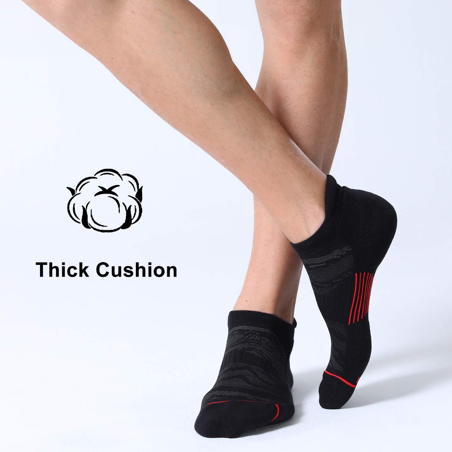 FITRELL 6 Pack Men's Ankle Running Socks Low Cut Cushioned Athletic Sports Tab Socks, Shoe Size 12-15, Black+Red
