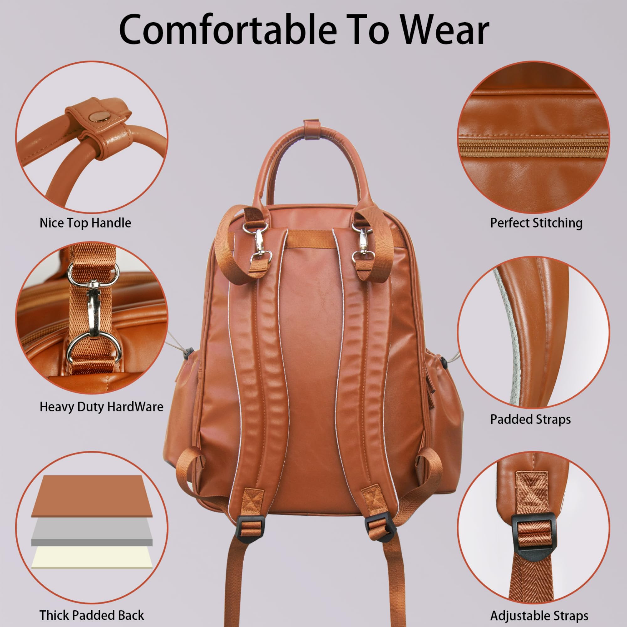 Hap Tim Diaper Bag Backpack, Leather Baby Bag with Changing Pad,19 Pockets, 2 Clear Makeup Bags, 2 Stroller Clips, Baby Registry Search, Brown(K2252-BR)
