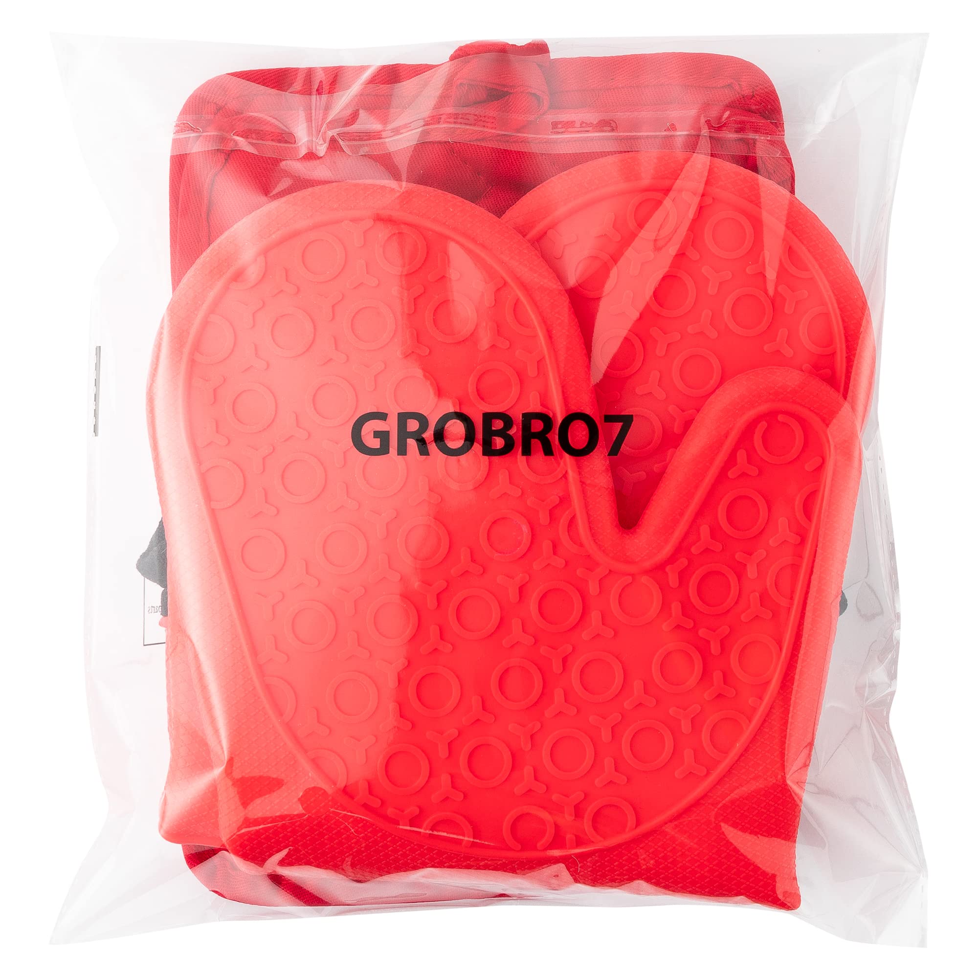 GROBRO7 4Pcs Silicone Extra Long Oven Mitt Pot Holder Set Heat Resistant Hot Pads Waterproof BBQ Gloves Machine Washable Pocket Potholder with Hanging Loop for Safe Kitchen Baking Cooking Grilling Red