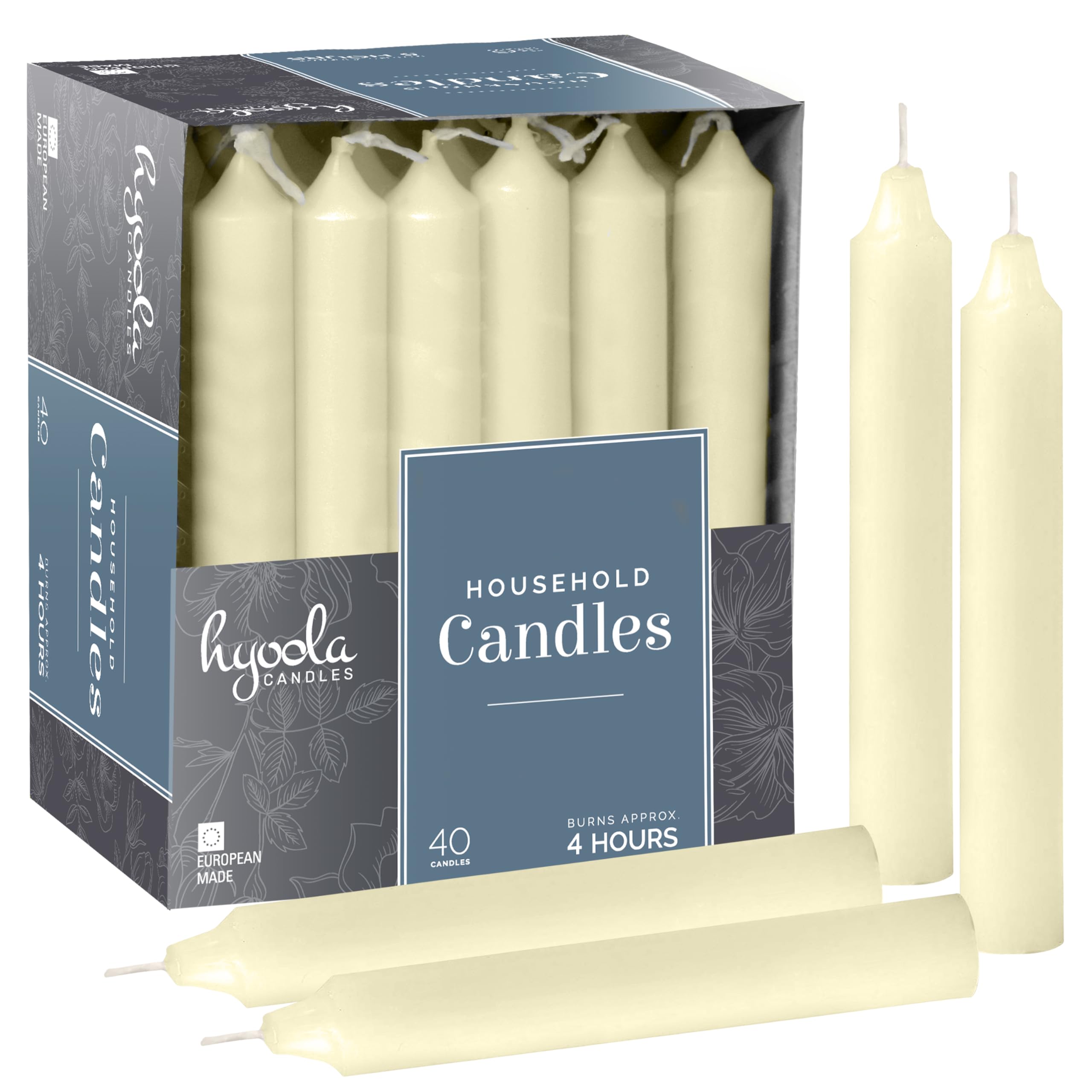 Hyoola Taper Candles - 5 Inch Ivory Dripless, Unscented Dinner Candle - 40 Pack European Made Candles 4 Hour Burn Time