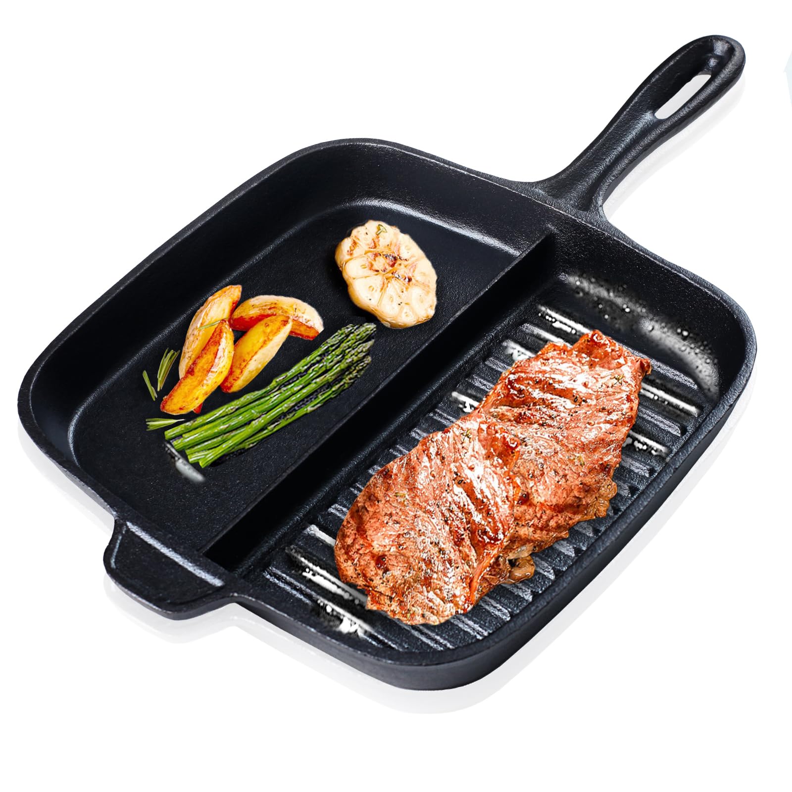 LD HuYY Divided Grill Pan for Stove Tops, 3-in-1 Functionality for Cooking, divided skillet, Detachable Wooden Handles, Durable and Long-Lasting (10 * 10in)
