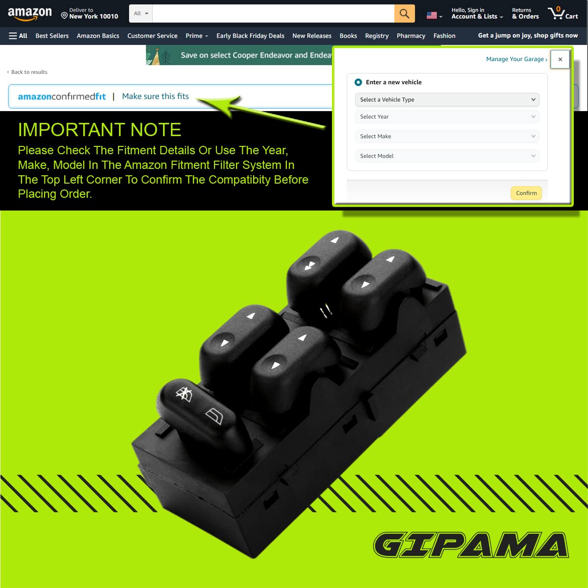 Gipama 901-339 Power Window Switch for Ford 2003-2008, Lincoln 2006-2008, Mercury 2003-2008(Driver Side)