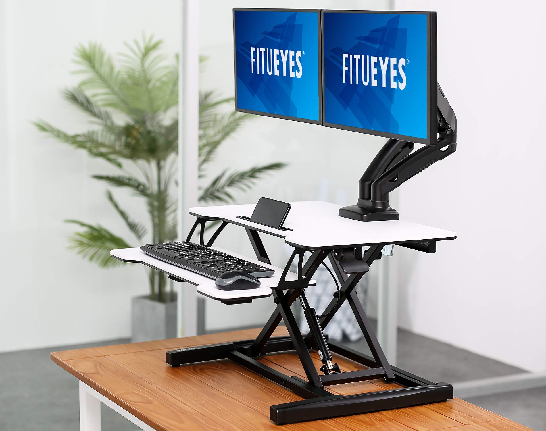 FITUEYES Stand Up Desk Standing Desk Converter Riser Adjustable Office Desk for Laptop with Deep Removable Keyboard Tray White SD260003WW