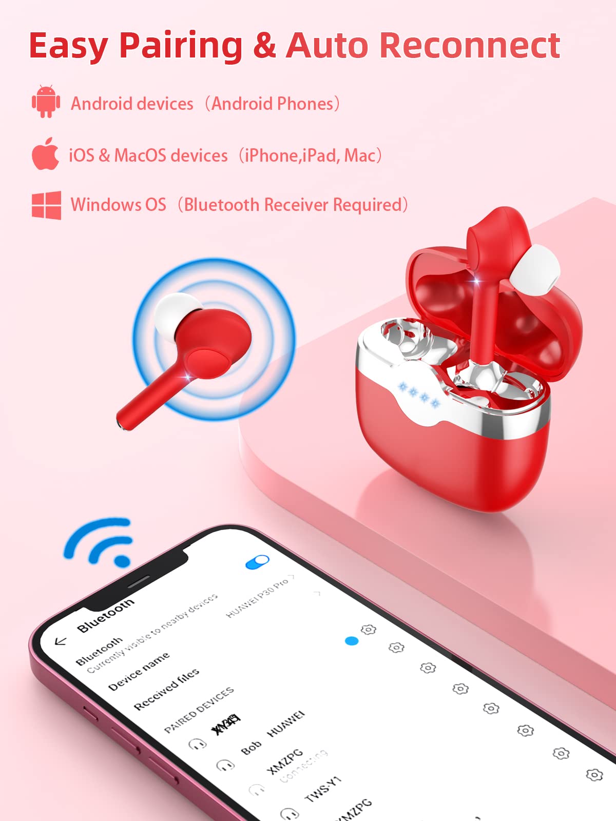 Earbuds Wireless Bluetooth,Noise Cancelling ENC Clear Call Ear Buds with 4 Mic,Bluetooth Headphones 4 Dynamic Drivers,Waterproof Wireless Earbuds,Touch Control Earphones for iPhone Android (Red)