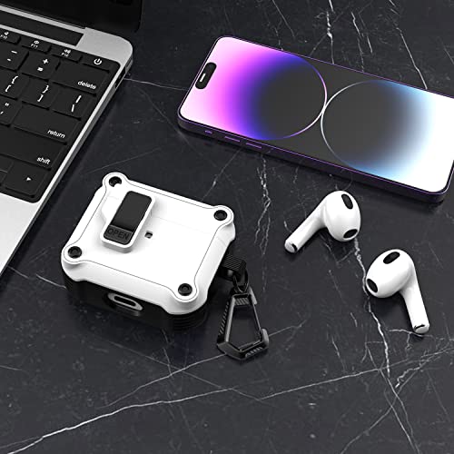 R-fun Airpods 3rd Generation Case with Automatic Secure Lock Clip, Hard Shell Full-Body Protective Airpods 3 Case 2021 for Women Men,Compatible with Apple Airpods 3rd Generation 2021,White