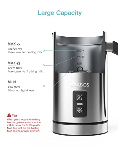 EZBASICS 236ml Stainless Steel Electric Milk Frother for Frothing and Heating Milk