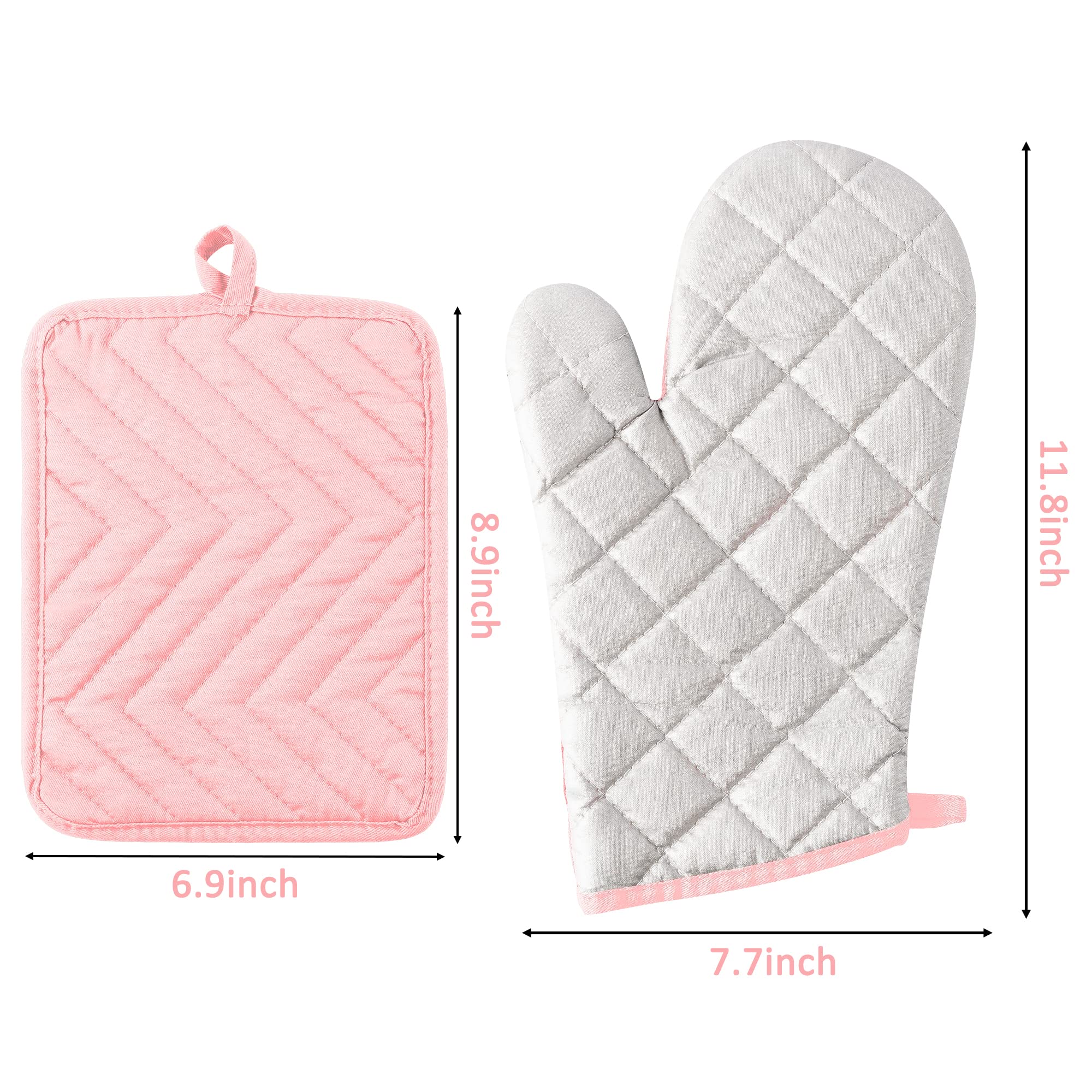 GROBRO7 6Pcs Cotton Oven Mitts and Pot Holders Set Heat Resistant Hot Pads Durable Pocket Pot Holder Machine Washable BBQ Gloves with Hanging Loop for Safe Kitchen Baking Cooking Grilling Pink