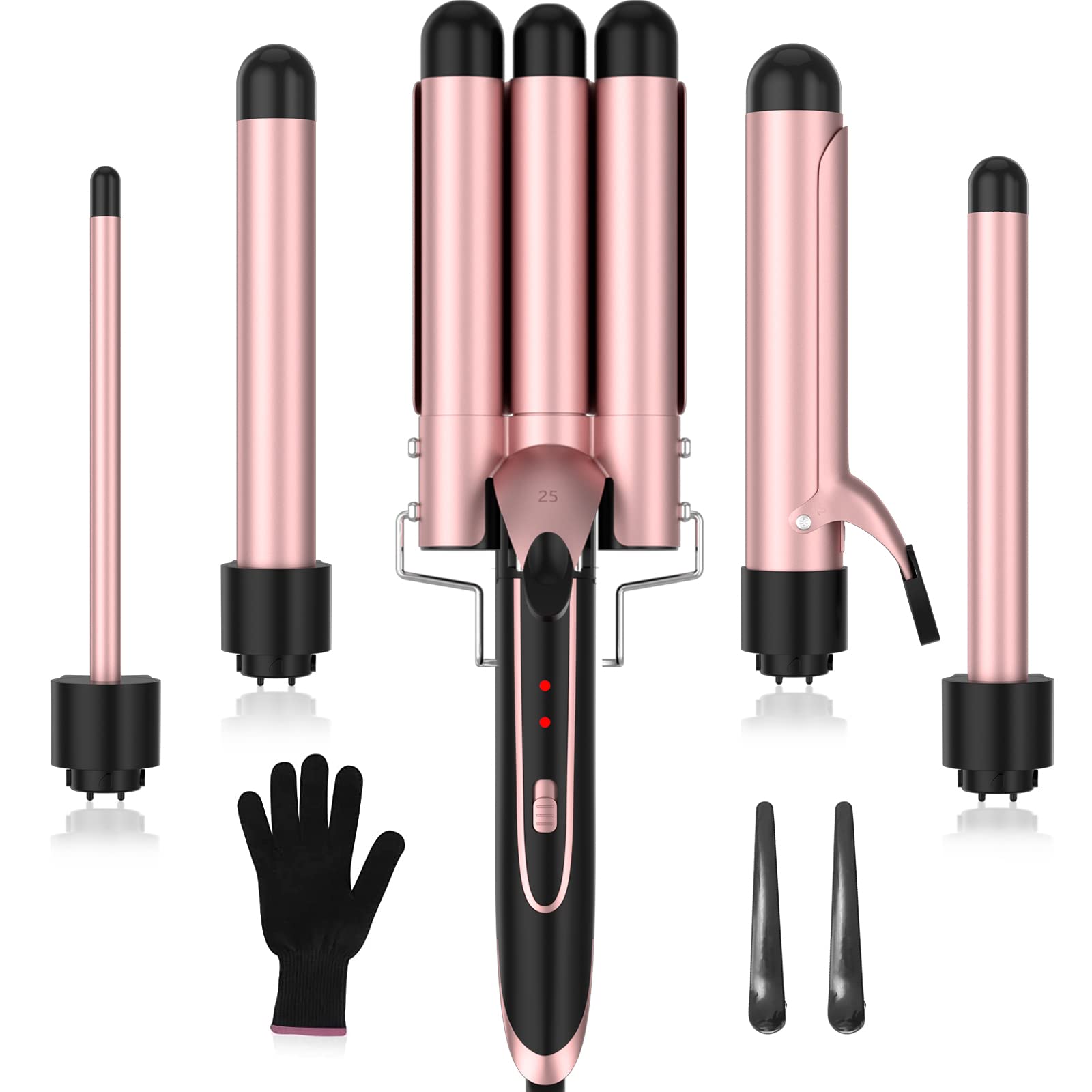 Curling Iron, 5 in 1 Curling Wand Set with 3 Barrel Hair Crimper Hair Tool & 4 Interchangeable Ceramic Curling Wand(0.35”-1.25”), 2 Temps, Instant Heating, Include Heat Protective Gloves & 2 Clips