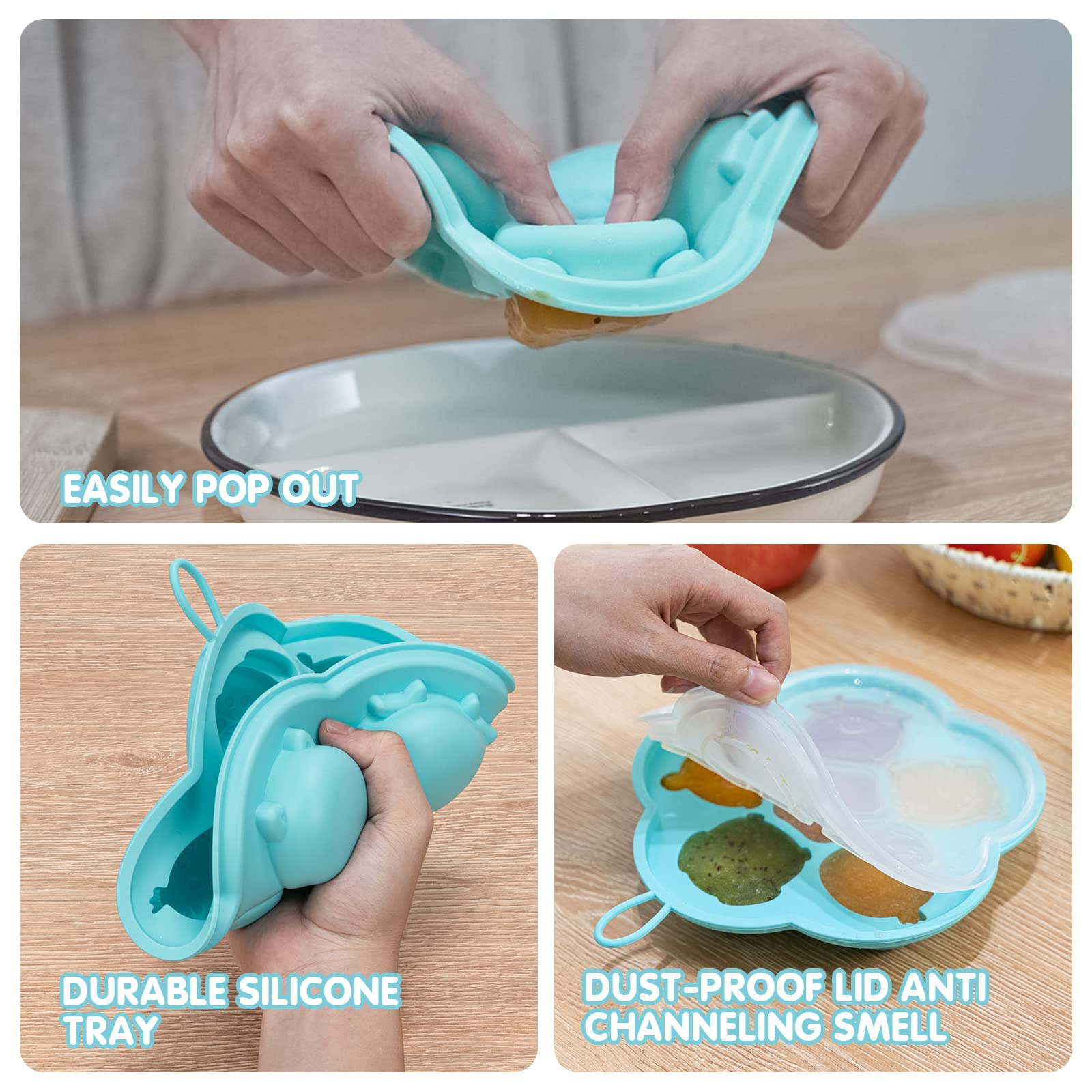 HAPPY CREATE Baby Food Containers 2 Packs as Baby Food Storage Silicone Ice Cube Tray with Lid Baby Popsicle Molds Teething