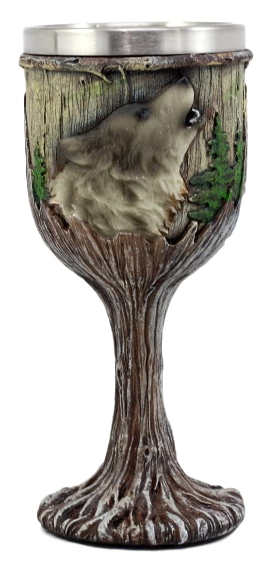 Ebros Gift Mystical Howling Gray Wolf Wine Goblet 7oz Chalice Cup In Rustic Wood Bark Roots Design