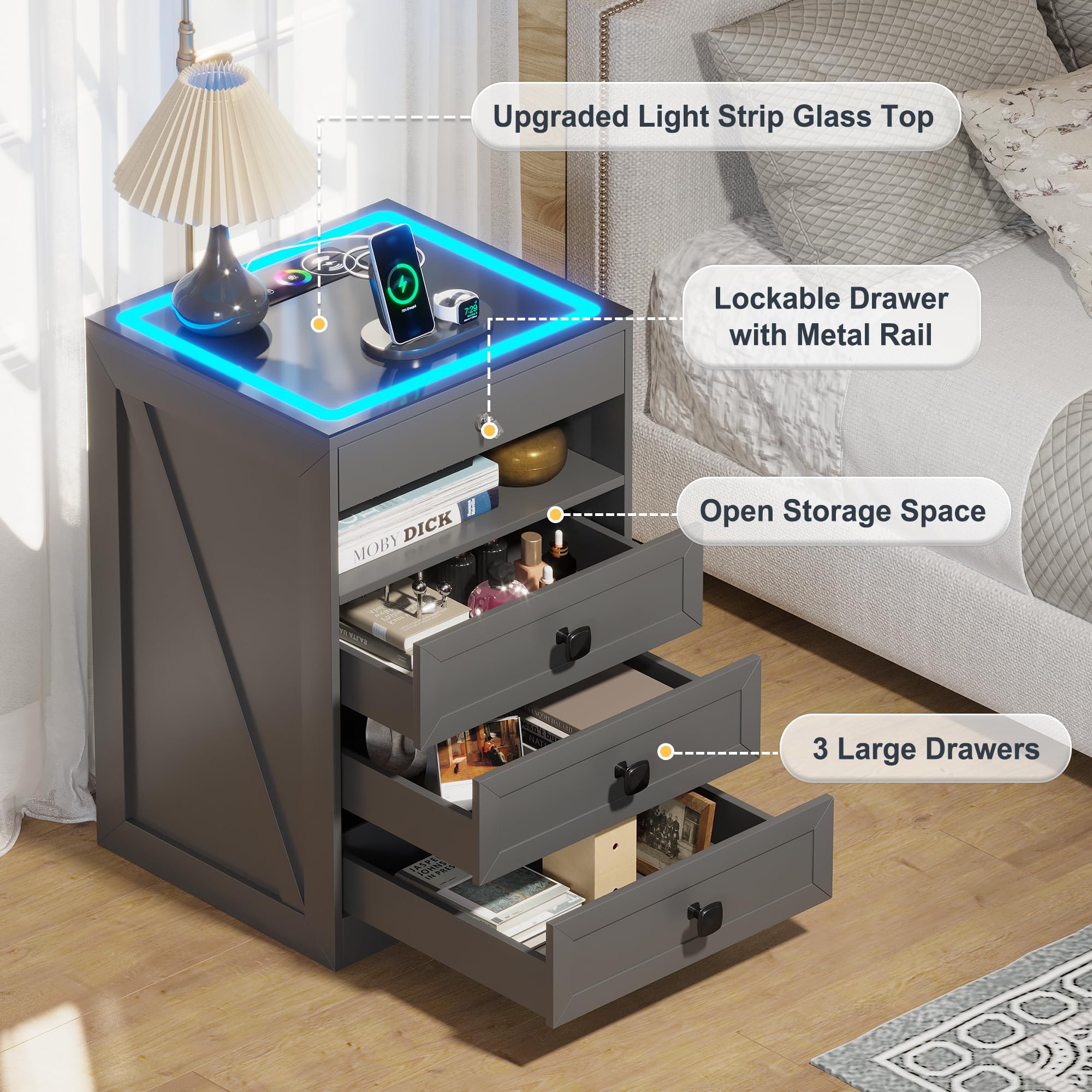 Lvifur RGB Nightstand with Gun Drawer, Glass Top Bedside Table with Wireless Charger Station, LED Night Stand with Human Sensor Design, Modern End Table for Bedroom Living Room (White)