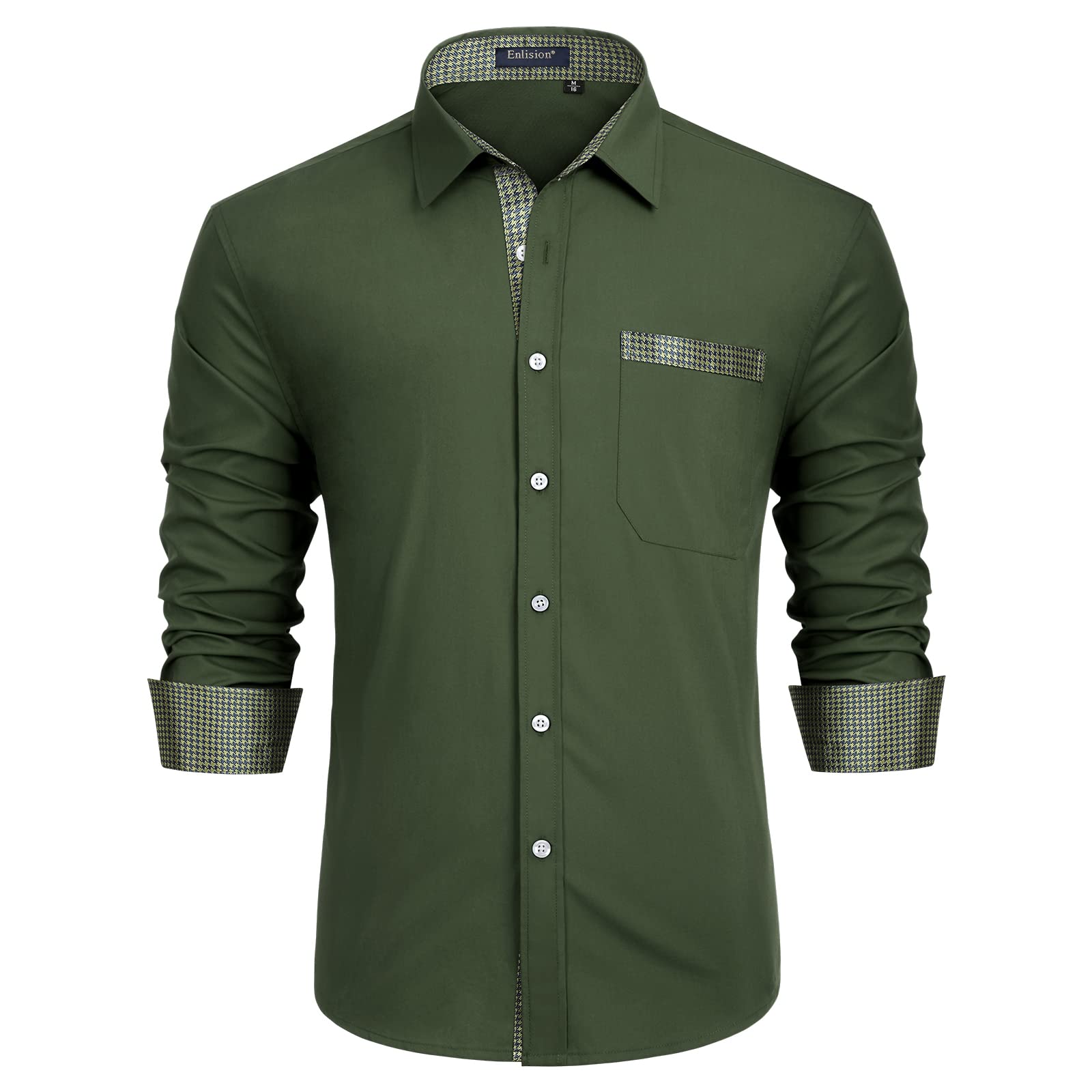 Enlision Green Dress Shirts for Men Long Sleeve Men's Casual Button-Down Shirts Houndstooth Inner Contrast Shirt Olive Regular Fit for Wedding Prom Party M