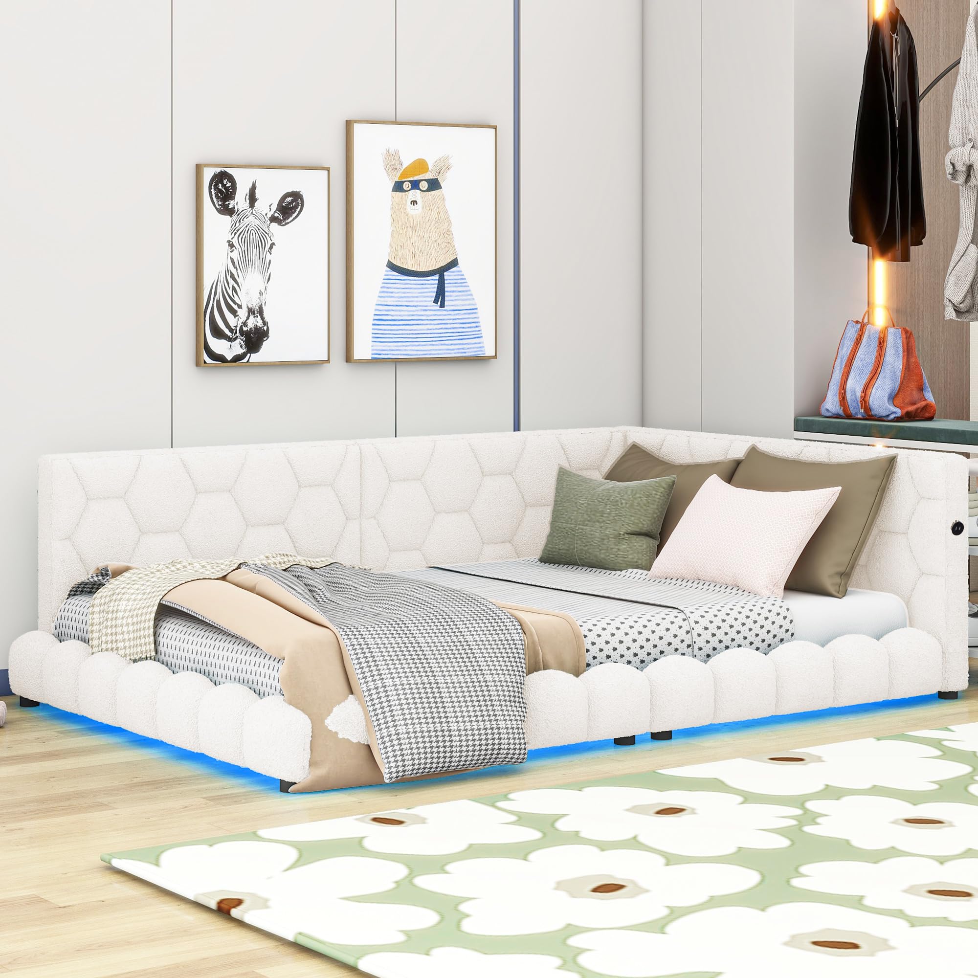 DNYN Upholstered Full Size Daybed with USB Port & Led Design,Teddy Fabric Platform Bed w/Wood Slat Support & No Box Spring Needed & Easy Assembly,Perfect for Bedroom,Livingroom,Guest Room, White