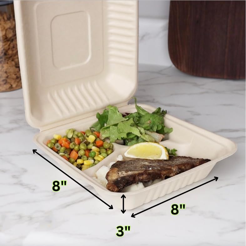 ECORIYO 3 Compartment To Go Containers with Lids β 100-Pack of Take Out Boxes, Disposable Food Containers, Sugarcanes Biodegradable Togo Plates - Paper Clamshell Box for Lunch, Cake, Dessert