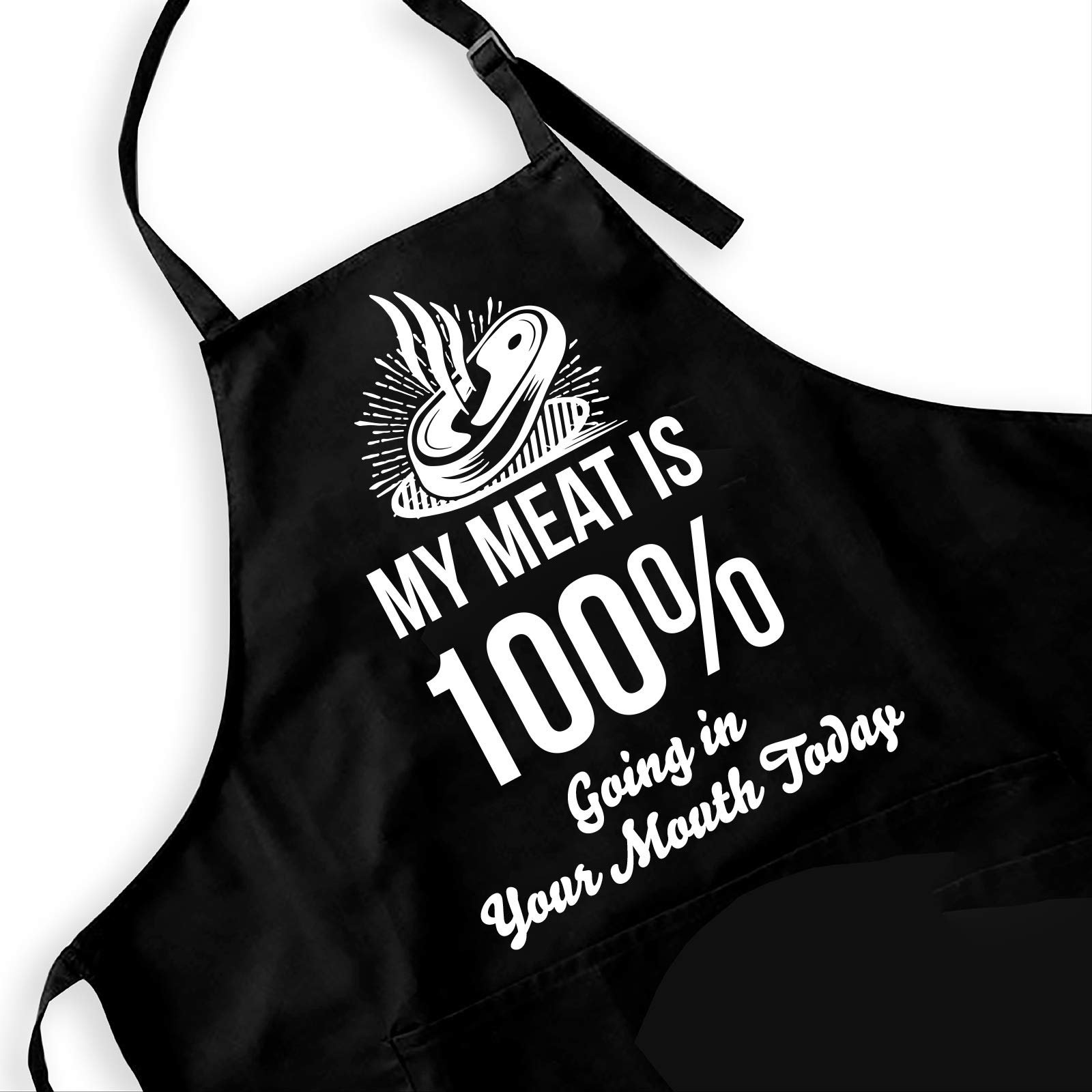 Ihopes Funny Black BBQ Apron for Men - My Meat is 100% Going in Your Mouth Today Grill Apron with 2 Pockets and Adjustable Neck Strap - Perfect Cooking Gifts