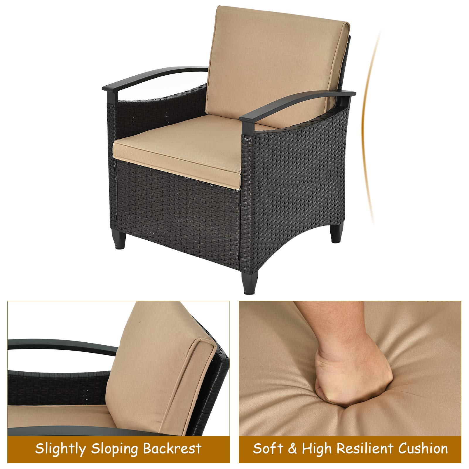 Tangkula 3 Piece Rattan Sofa Set, Patio Conversation Bistro Set w/Coffee Table, Seat and Back Cushions, Sturdy Steel Frame, Outdoor Furniture Set for Garden, Backyard, Balcony, Poolside