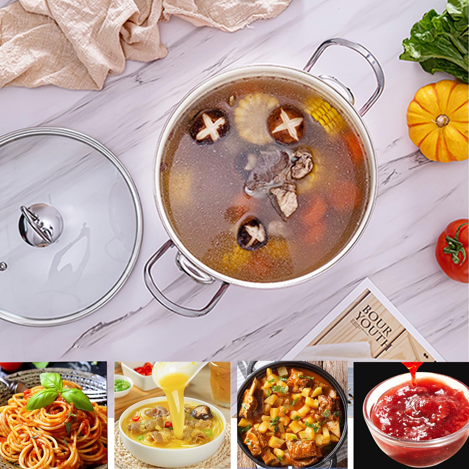 JUSTUP Enamel Stock Pot with Lid, 6-Quart Soup Pot with Circular Handle,Large Cooking Pot Boiling Pot for Gumbo, Stew, Boil, Pasta,Sauce (Pink), 13*9*6.7 Inch