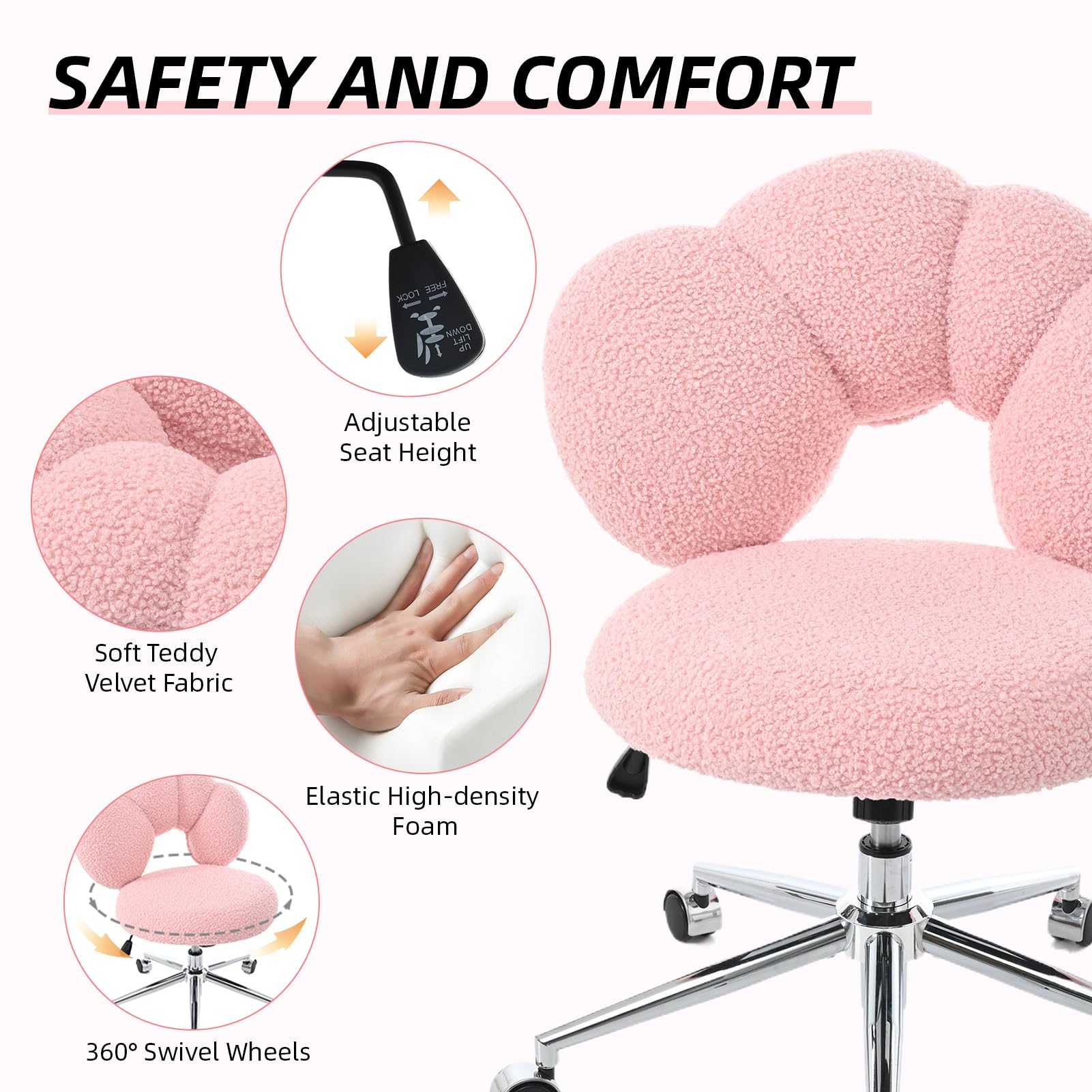 Home Office Chair Criss Cross Chair with Wheels, Upholstered Chairs with 360 Swivel, Height Adjustable Swivel Computer Task Chairs for Living Room, Bedroom, Vanity, Study(Pink)