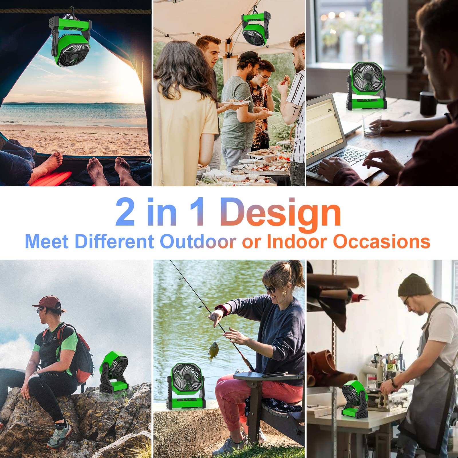 Higheed Camping Fan with LED Lantern, 20000mAh Rechargeable Battery Operated Tent Light & Hook, 270° Pivot, 4 Speeds, Personal USB Desk for Camping, Fishing, Power Outage, Barbecue, Jobsite