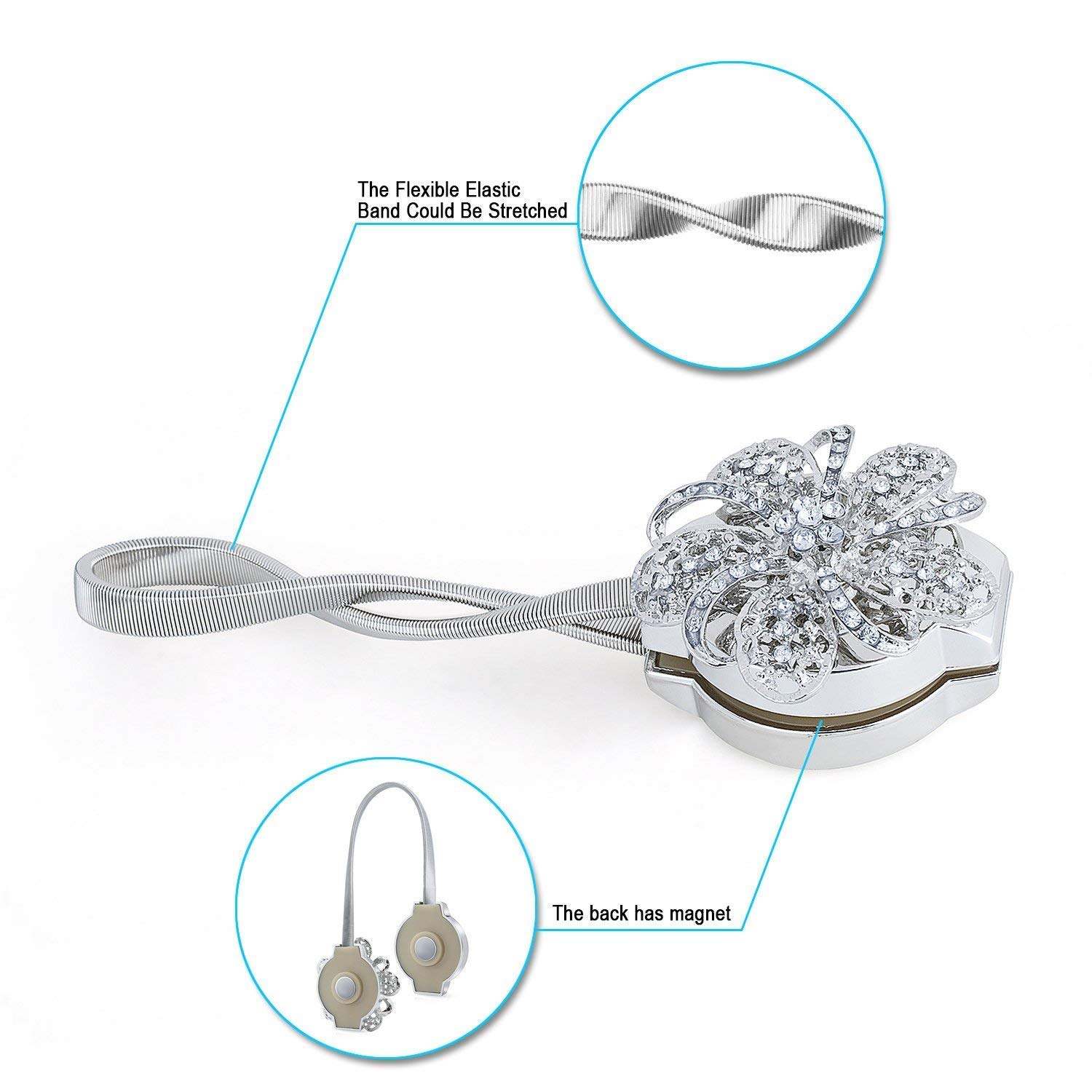 FlyCloud 2pcs Magnetic Curtain Tiebacks Crystal Tie Backs Buckle Clips Hook Silver Magnetic Crystal Curtain Tiebacks Tie Backs Buckle Clips Holdbacks for Home Office Decoration