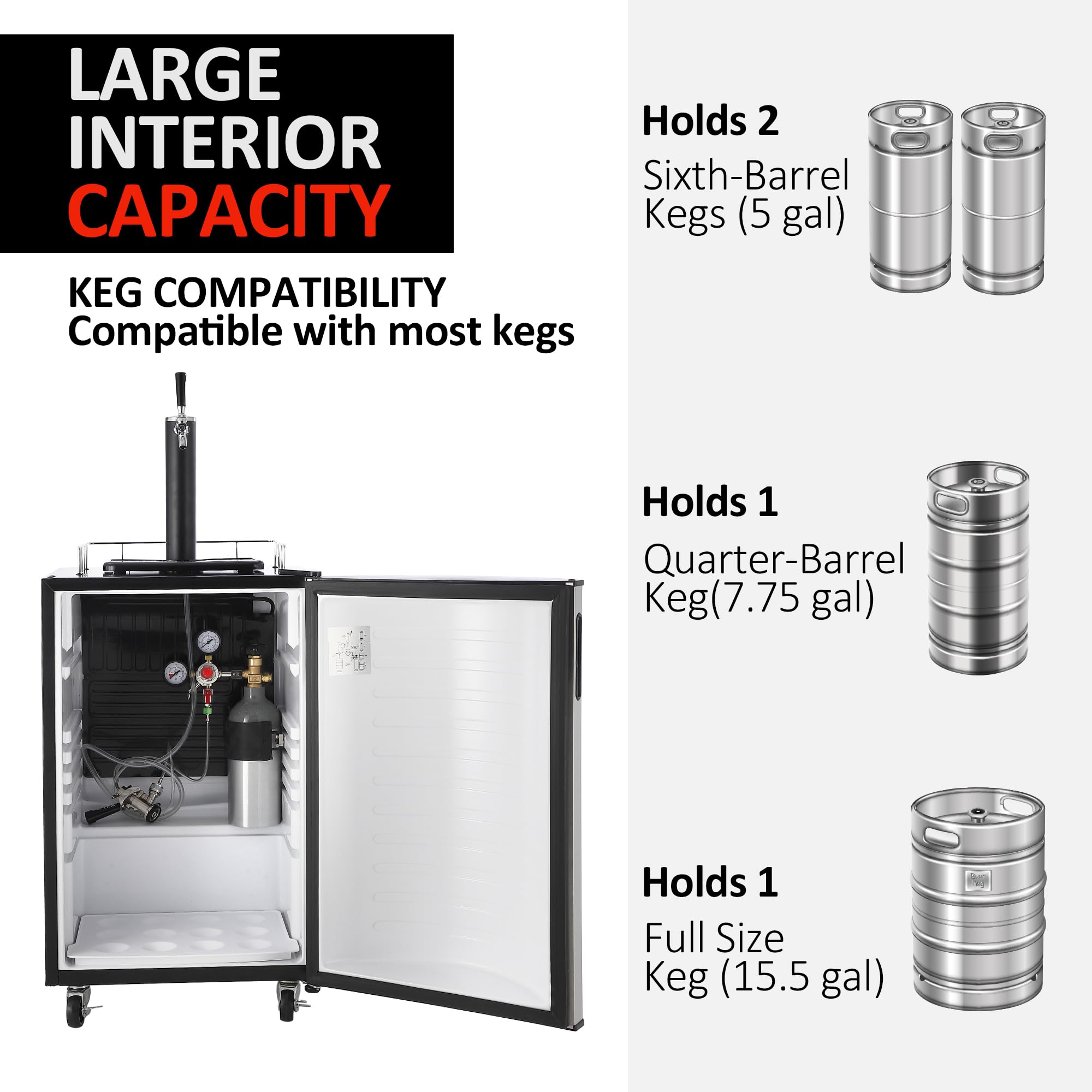 PioneerWorks Beer Kegerator, Single Tap Draft Beer Dispenser, Full Size Stainless Steel Keg Refrigerator With Drip Tray & Rail, 128L
