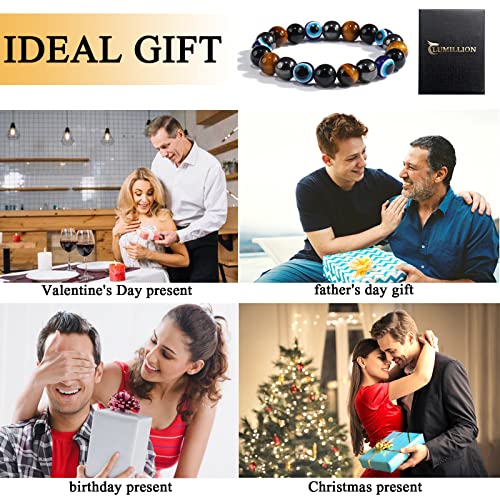 mens beaded bracelets(evil eye, tigers eye,hematite, obsidian)A handmade beaded crystal healing bracelet that can bring luck, happiness and protection(10mm elastic)