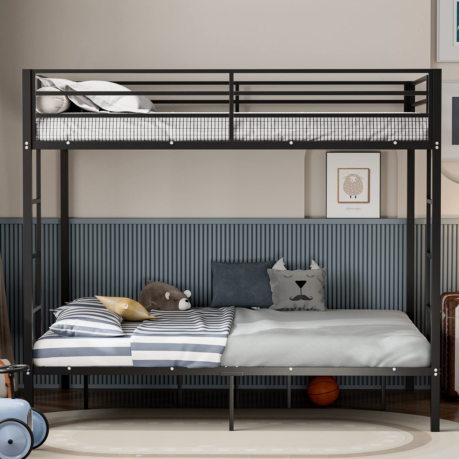 IKIFLY Metal Full Over Full Bunk Beds, Heavy Duty Full Size Bunk Bed Frame with 2 Built-in Ladders, Safety Guard Rail, Space-Saving Design, for Kids, Teens, Adults - No Box Spring Needed - White