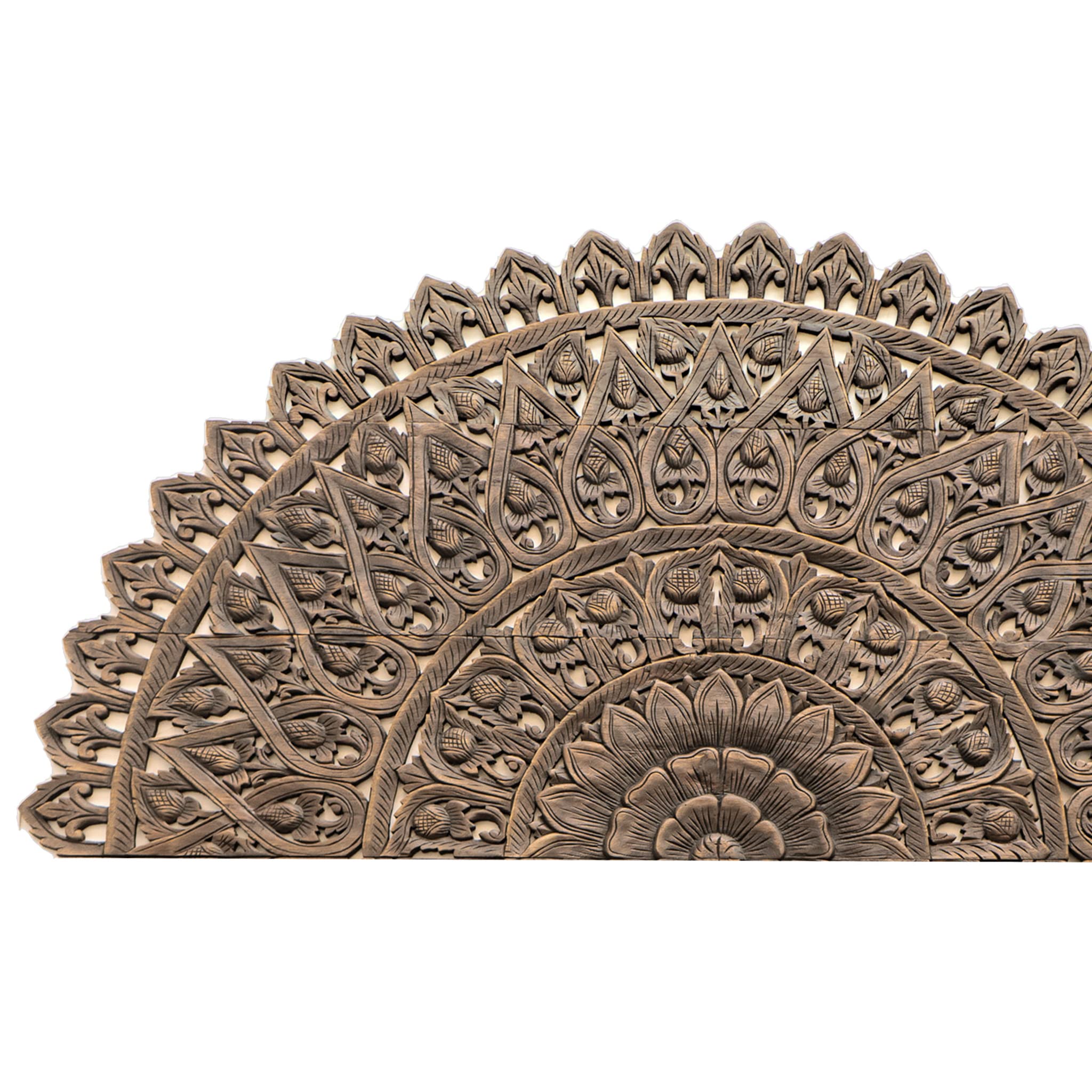 Half Moon Asia Hanging Headboard, Wall Art Hanging Decorative Panel, Circle Mounted Bed Head Reclaim Wood, Brown Finish, 72x36 inches