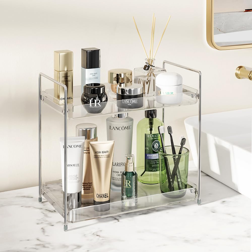 KINGBERWI 2 Tier Bathroom Counter Organizer, Acrylic Makeup Skincare Organizers for Vanity Perfume Tray, Clear Bathroom Sink Countertop Storage Shelf