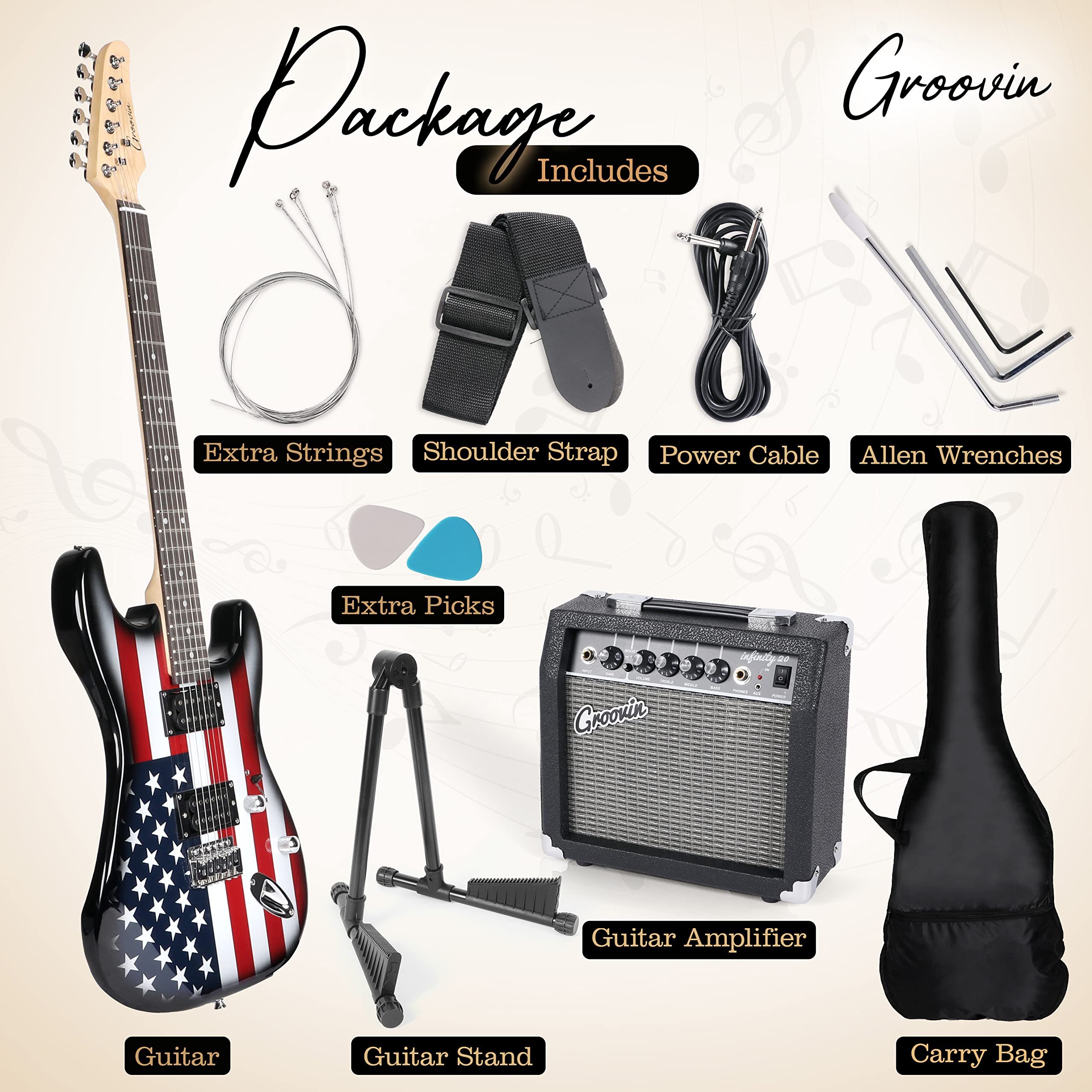 GROOVIN 39” Electric Guitar Beginner Kit with 20W Eletric Guitar Amplifier, For Kids & Adults, Shoulder Strap, 6 Strings, 1 Guitar Pick, Waterproof Oxford Material Bag, Guitar Stand, American Style