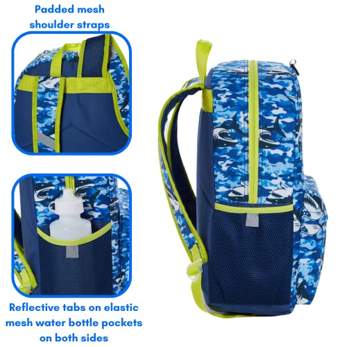 RALME Ocean Blue Camo Shark Backpack Set for Boys, 16 inch, 6 Pieces - Includes Foldable Lunch Bag, Water Bottle, Key Chain, & Pencil Case